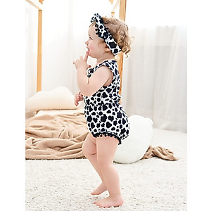 Ahegao Infant Girls Cow Print Rompers for Toddlers Cute Black and White Dots Bodysuits Crewneck Buttons Snap Design Jumpsuits with Tassel Kids Boy Casual Sleeveless Outfits Lovely Clothes, 3-6 Months