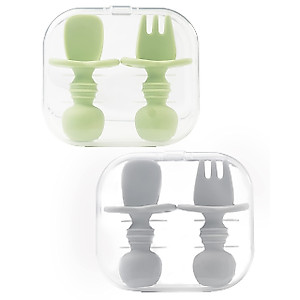 4 Pcs Baby Spoons Self Feeding 6 Months, Silicone Baby Spoons First Stage and Baby Fork, Toddler Utensils for Baby Led Weaning with 2 Cases (Green, Grey)