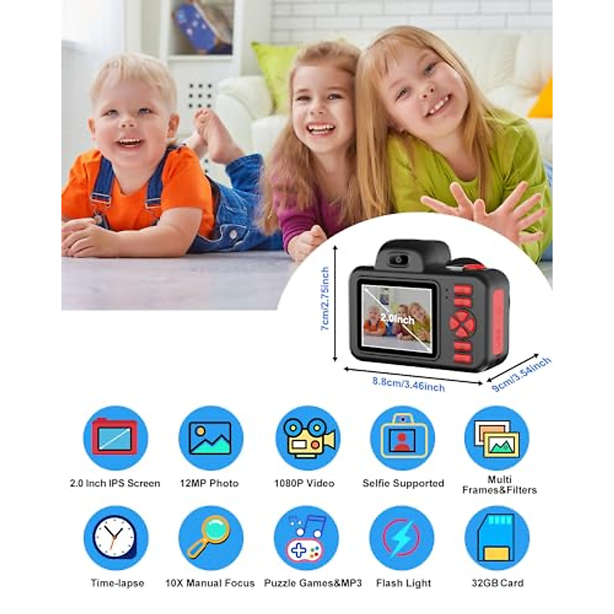 GREENKINDER Upgrade Kids Camera Christmas Birthday Gifts for Boys Girls Age 3-12, Children Digital Video Cameras with Flash, 2 Inch Screen Selfie Camcorder HD 1080P Video 32GB Black