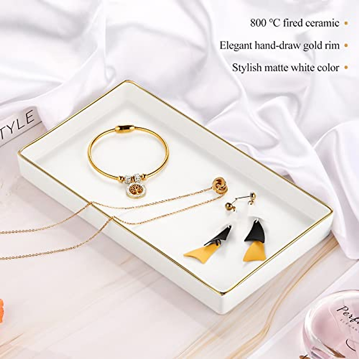 Luxspire Bathroom Vanity Tray, Ceramic Decorative Tray Jewelry Counter Storage Organizer, Gold Edged Dresser Kitchen Sink Tray for Perfume Candle Holder Bathroom Accessories -S- Matte White
