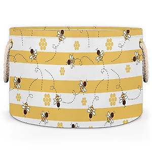 Bee Large Round Storage Bin Basket, Honeycomb Stripe Bee Decor Foldable Clothes Bag Folding Washing Bin Collapsible Fabric Laundry Hamper with Handle for Toys Stuffed Blanket Closet Bedroom Nursery