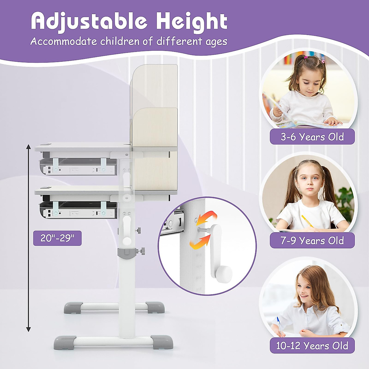 HONEY JOY Kids Desk, Children School Study Desk w/ 7-Level Tiltable Desktop, Height Adjustable Wooden Table w/Bookshelf & Pull-Out Drawer, Student Writing Workstation, Desk for Girls Boys (Gray)