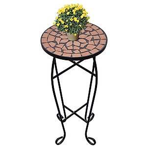 SecondBoy Terracotta Brown Finish Outdoor Side Table Patio Table Garden Plant Stand Iron Frame Scroll Leg Round Top Ceramic Random Mosaic