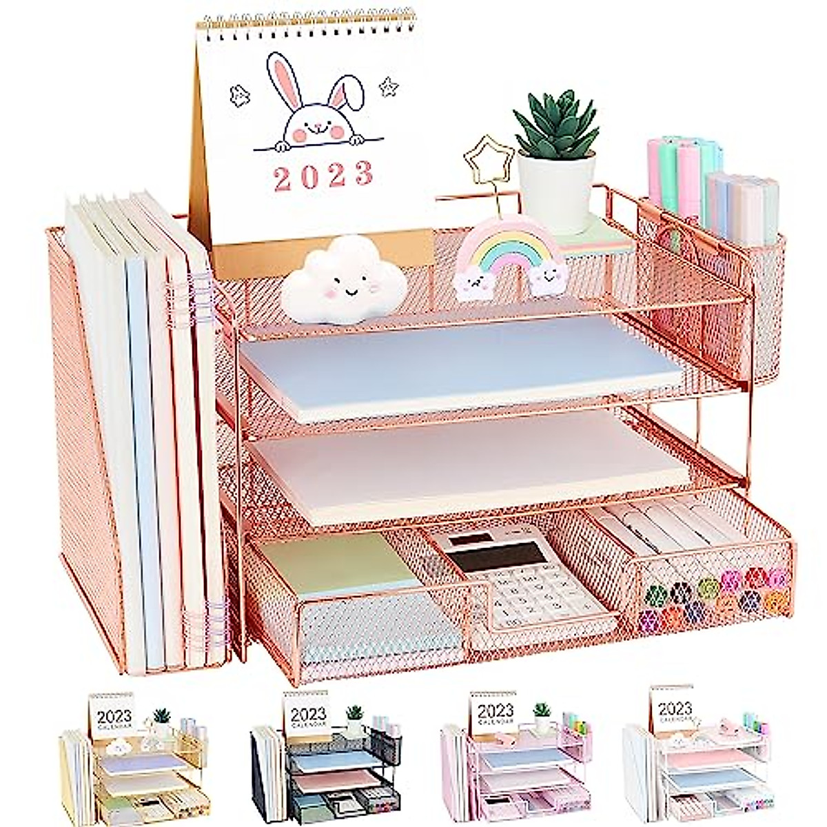 OPNICE Desk Organizers and Accessories, Paper Letter Tray Organizer with 2 Pen Holders and File Holder, File Organizer and Storage, 4-Tier Office Desk Accessories for Office Supplies(Rose Gold)