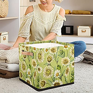 Daisy Leaves Large Collapsible Storage Bins,Daisy Flower Decorative Canvas Fabric Storage Boxes Organizer with Handles,Cube Square Baskets Bin for Home Shelves Closet Nursery Gifts