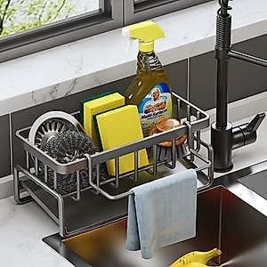 MINGFANITY Sponge Holder for Kitchen Sink with Drain Tray, Neat Kitchen Sink Caddy - Kitchen Sink Organizer - Quick Draining（Matte Black）