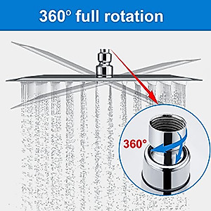 High Pressure Rain Shower head, 12" Square Rainfall & High Pressure Stainless Steel Bath Showerhead, Waterfall Full Body Coverage with Silicone Nozzle, (12 Inch, Chrome Finish)
