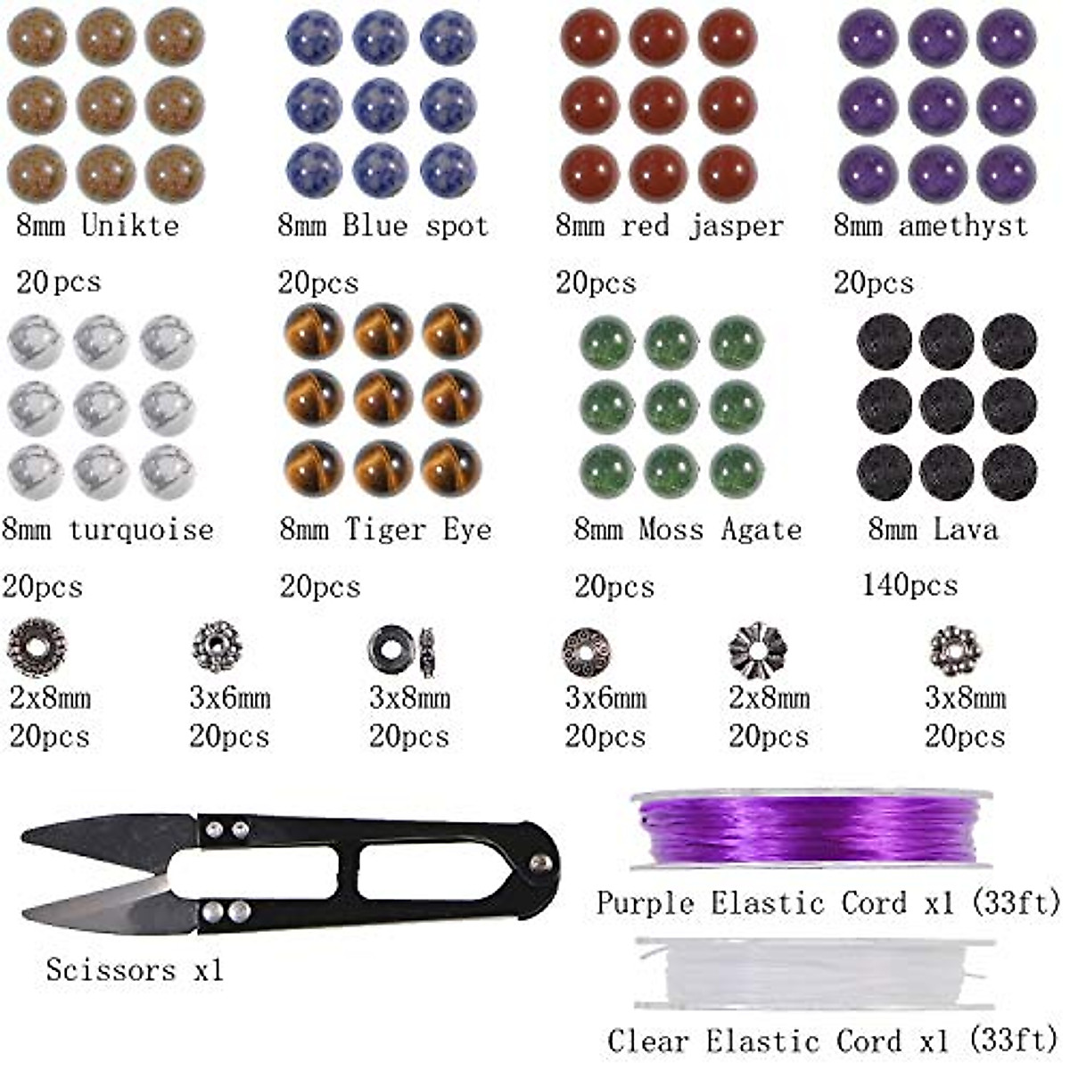 Natural Stone Beads Box Set Kits 8mm Round Loose Gemstone Natural Amethyst Lave Stone Assorted Color with Accessories Tools for Bracelet Jewelry Making (100% Natural Stone Beads Kit 1)