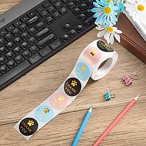 500 Pieces Paw Print Thank You Labels Stickers 1.5 Inch Round Dog Paw Print Stickers Gold Foil Thank You Labels Small Business Stickers Self-Adhesive Appreciation for Bags Cards Package Party