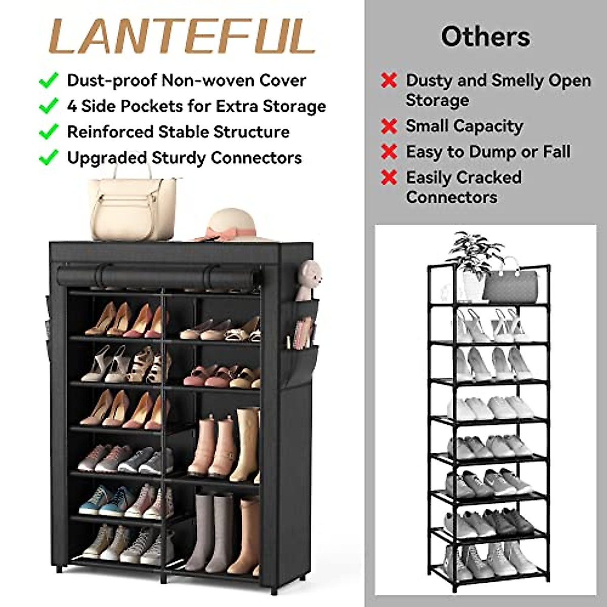 LANTEFUL Shoe Rack with Covers, 8 Tier Shoe Rack Organizer for Closet Entryway Garage, Metal Free Standing Shoe Storage Shelf Cabinet Holds up to 28-35 Pairs