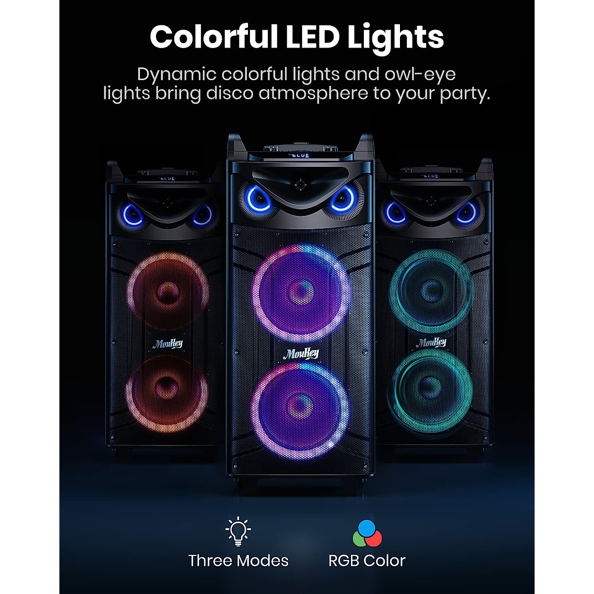 Moukey Karaoke Machine, Double 10" Woofer PA System for Party, Portable Bluetooth Speaker with 2 Wireless Microphone, Disco Lights and Echo/Treble/Bass Adjustment, Support TWS/REC/AUX/MP3/USB/TF/FM