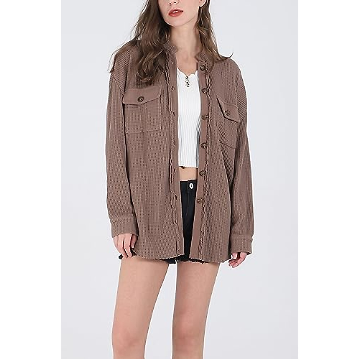 chouyatou Women's Loose Fit Batwing Sleeve Waffle Knit Button Down Shirt Shacket Tops (Large, Coffee)