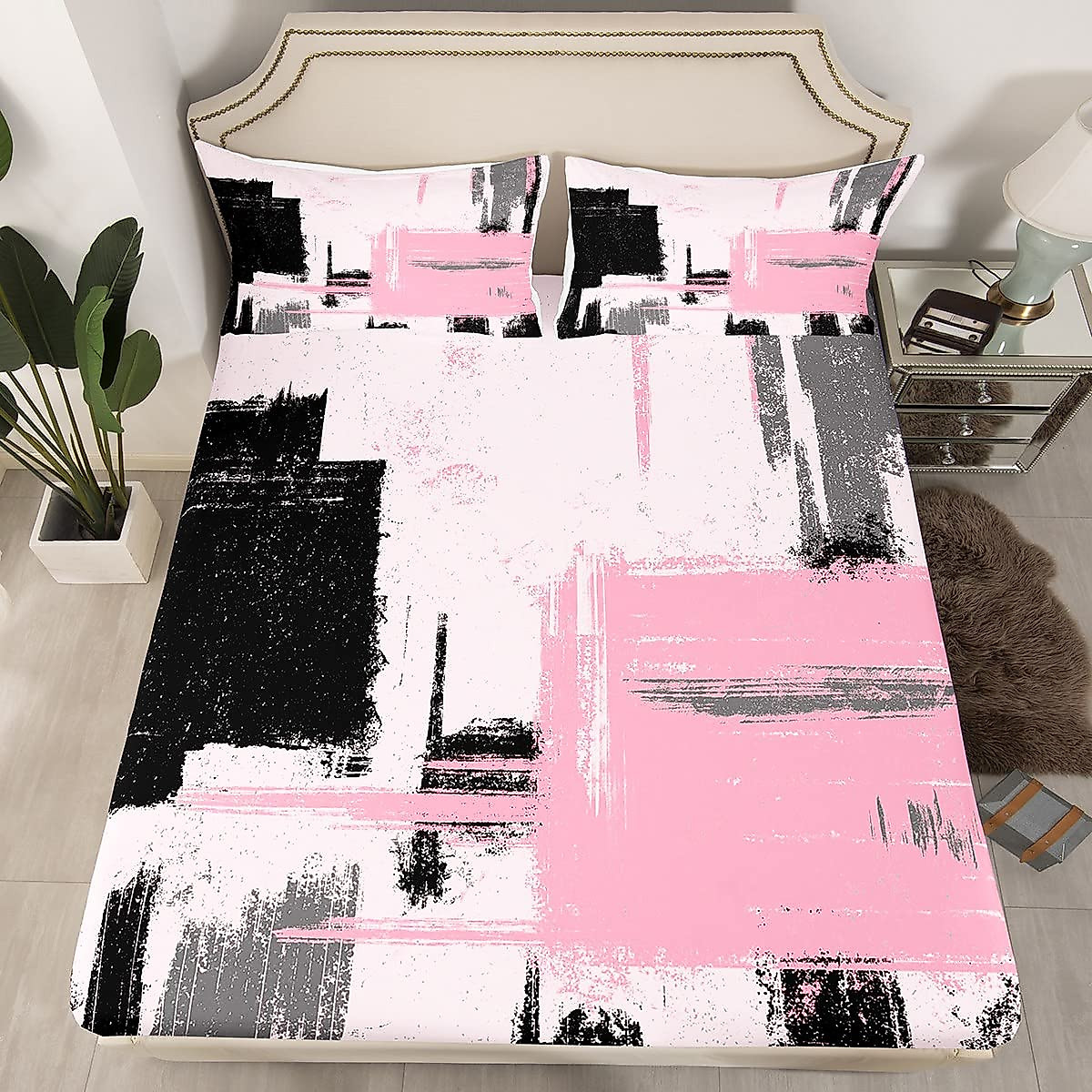 Abstract Bedding Set Modern Abstract Art Fitted Sheet for Boys Girls Children Pink Black Pattern Bed Sheet Set Room Decor Twin Size Bed Cover 2Pcs