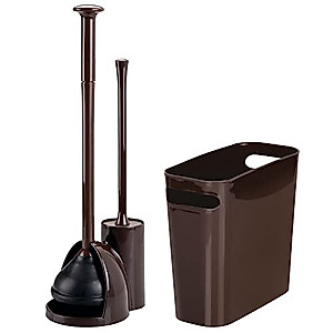 mDesign Compact Freestanding 2-in-1 Plastic Toilet Bowl Brush/Plunger/Trash Wastebasket Garbage Can Combo, Home Bathroom Storage, Sturdy Cleaning Accessories, Aura Collection, Set of 2, Dark Brown