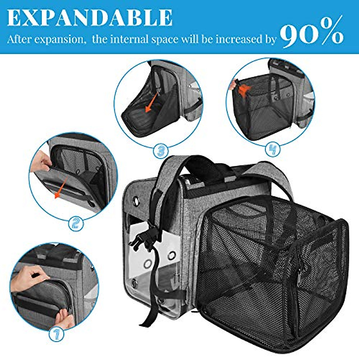Expandable Cat Backpack Carrier, Breathable Mesh Pet Carrier Backpack for Cats, Dogs, Rabbits, Small Pets, Clear Foldable Cat Pack Backpack with Waist Pad for Walking, Travel, Hiking, Camping, Outdoor