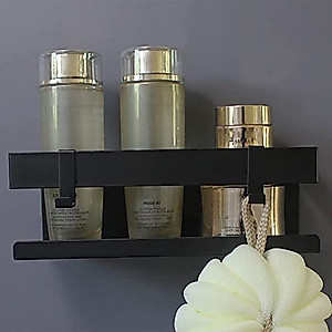 AUMIO Bathroom Shelves Wall Mounted, Floating Shelves Bathroom, Bathroom Shelf Shower Caddy with 2 Hooks Stainless Steel No Drilling Storage Organizer, Wall Shelf for Bathroom Kitchen Toilet Black