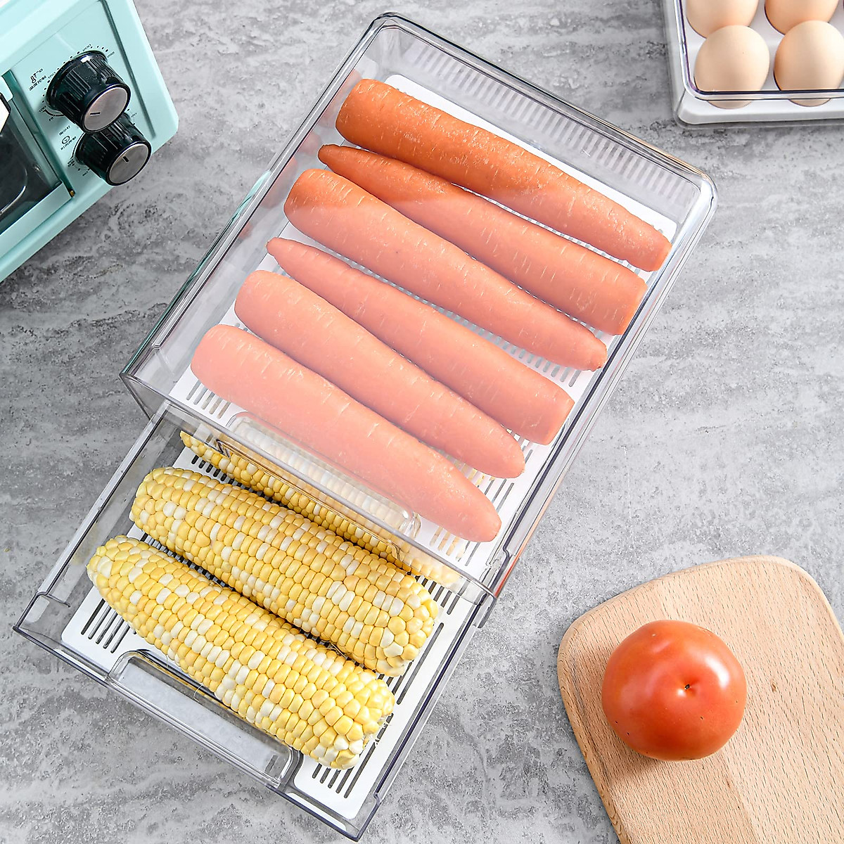 BigTron Food Storage Double Layer Container with Lids Removable Drain Tray for Refrigerator, Food Fruit Vegetables,fridge organizer Stackable Meal Fresh Keeper Bins Clear