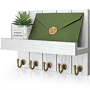 Rebee Vision Key and Mail Holder for Wall: Key Hanger for Wall with Shelf Wood Wall Shelf with Hooks - 5 Hooks for Wall Decorative Retro Hanging Organizer Rustic Farmhouse Decor for Entryway - White