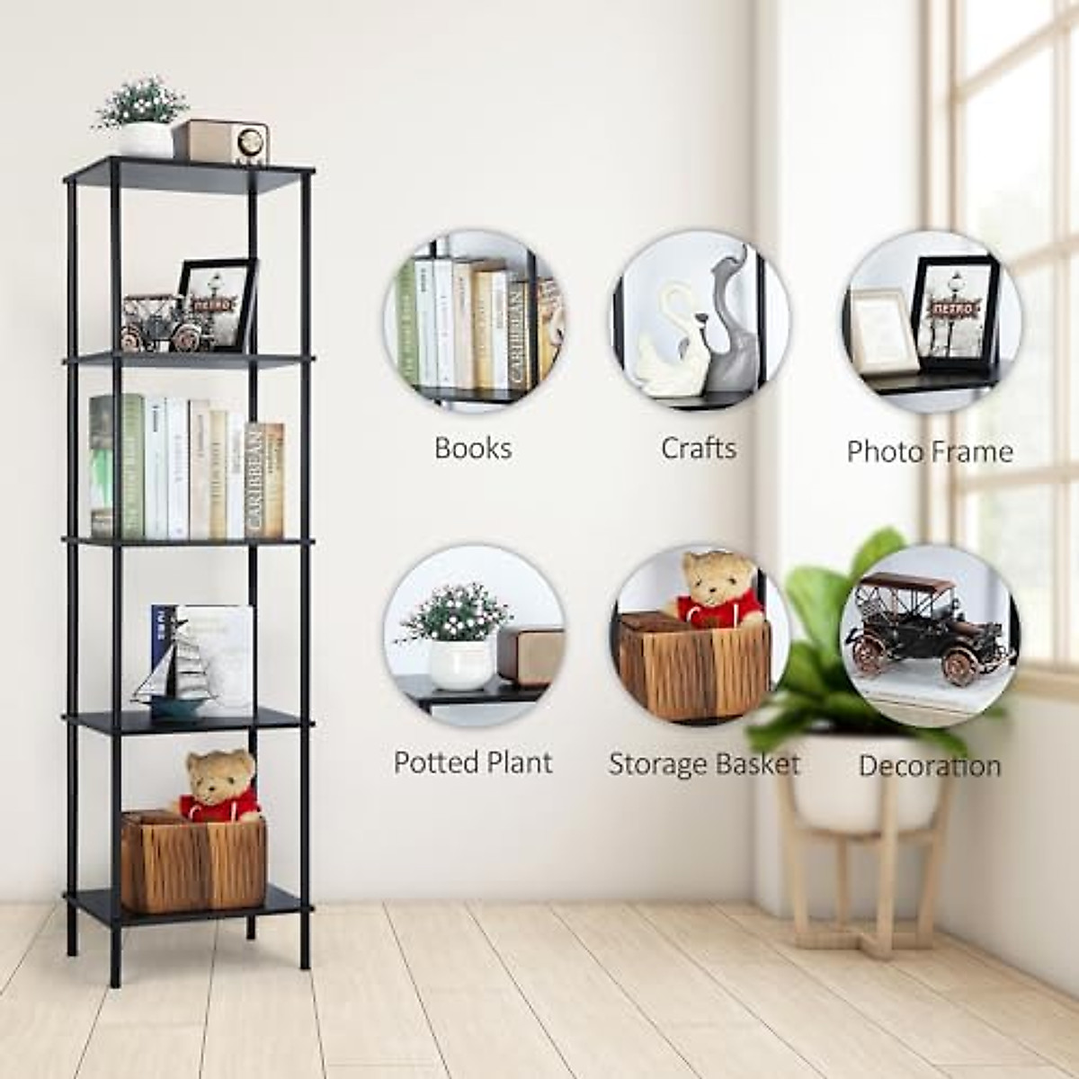 LING RUI 5 Tier Shelves Bookshelf, Tall Narrow Bookcase with Shelves,Wood and Metal Book Shelf Storage Organizer,Industrial Display Standing Shelf for Home Office, Living Room, Bed Room(Black)
