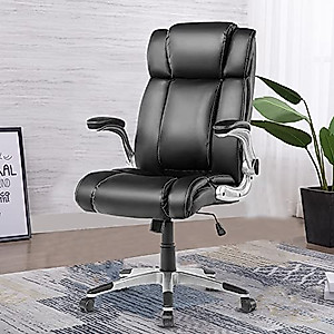 KCREAM Executive Office Chair PU Leather with Flip-up Arms, Desk Chair Swivel Task Chair with Lumbar Support, Adjustable Height/Tilt, 360-Degree Swivel, 300Lb Weight Capacity