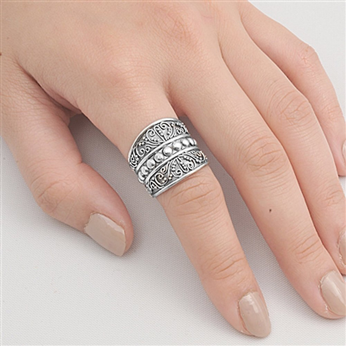 Bali Bead Wide Fashion Ring New .925 Sterling Silver Thin Band Size 10