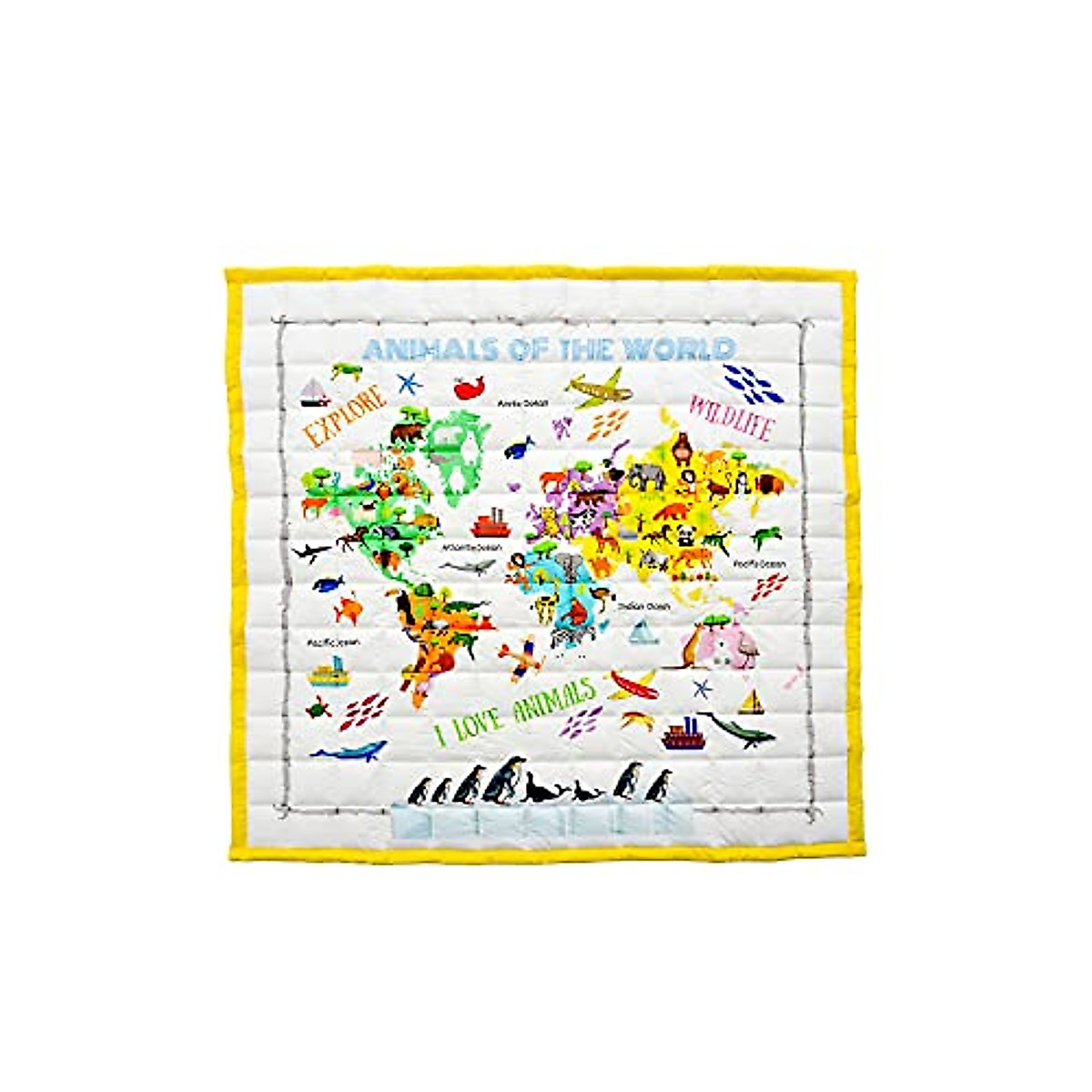 Baby Play Mat, Animals of The World, 60x60 Inches 100% Cotton Machine Washable