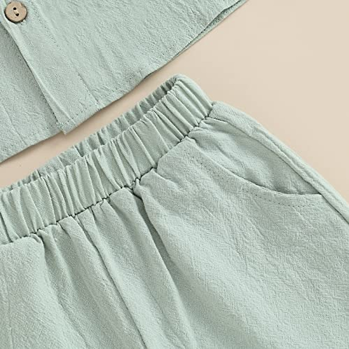 Toddler Baby Boys 2Pcs Linen Short Sleeve Outfits Set Color Block Button Down T-Shirt Elastic Shorts with Pockets (Light Green, 12-18 Months)