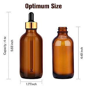 PrettyCare Eye Dropper Bottles 4 oz 4 Pack (Glass Bottles 120ml with Golden Caps, 12 Labels, Funnel & Measured Pipettes) Empty Tincture Bottles for Essential Oils (Amber)