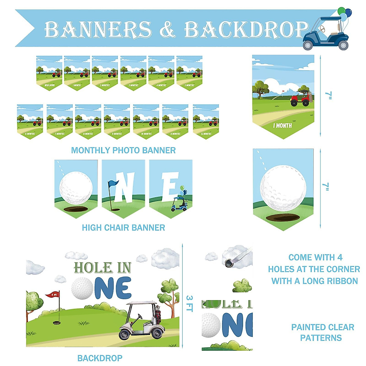 129 PCs Hole In One First Birthday Decorations, Fiesec Golf 1st Party Decorations Backdrop Balloon Garland Banner Tablecloth Cake Cupcake Topper Box Cutout Crown Poster Golf Club Ball Green Blue