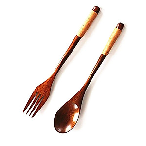 XMHF Wooden Spoons Forks Set Kitchen Tableware Dinnerware Flatware Natural Wood Cutlery Wooden Dinner Utensil Set, 2 Spoons and 2 Forks Brown Tied Line