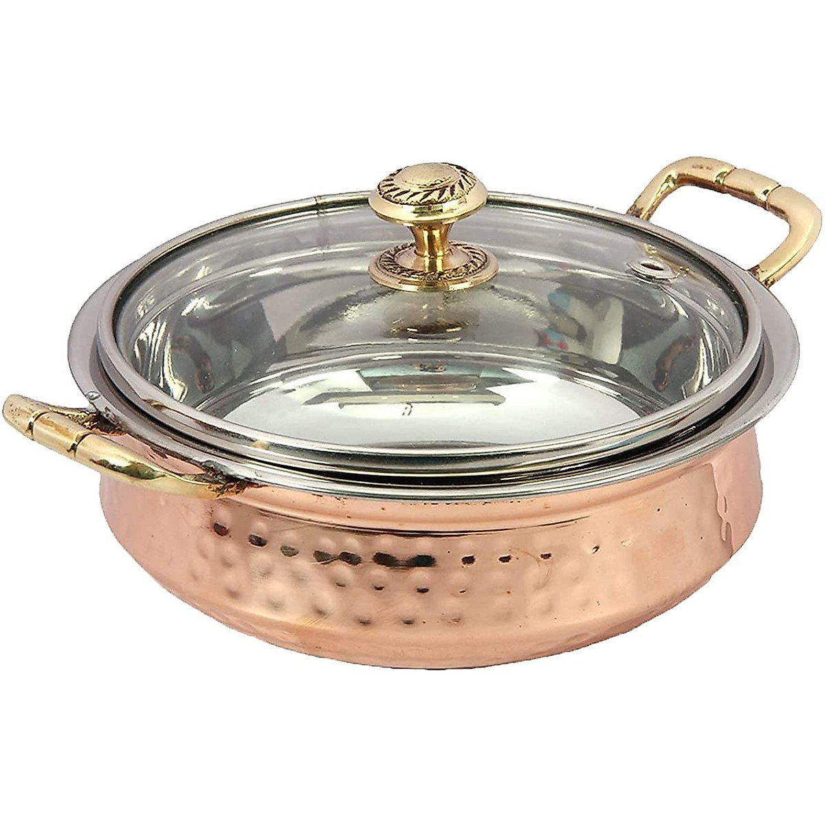 PARIJAT HANDICRAFT Indian Hammered Copper Serving Bowl for Food Soup with Handle and Glass Lid Decorative Small Seveware Pack of 6