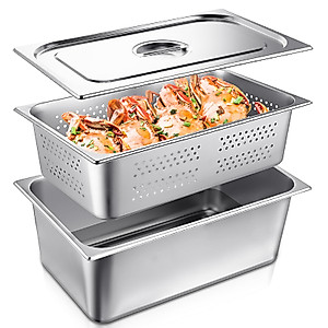 Ferraycle 3 Pack Full Size 6 Inch, 8 Inch Hotel Pan with Lid Set Include Pan Perforated Steam Pan Steam Table Pan Cover Restaurant Supplies for Kitchen, Steam Table Tray for Food Warmer