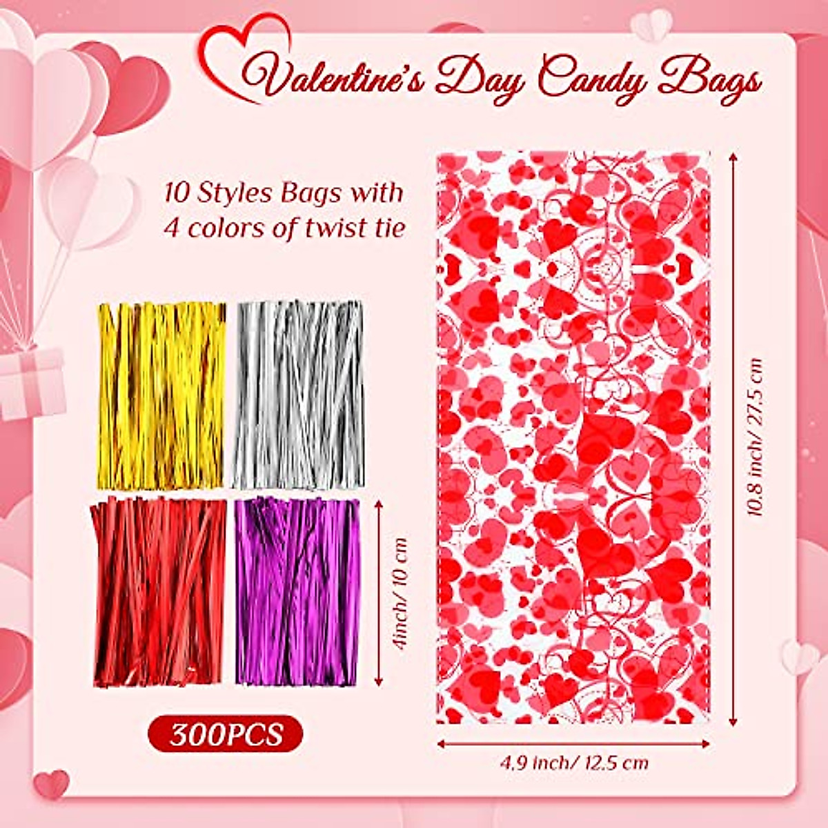 200 Pcs Valentine Cellophane Candy Bags Valentine's Day Gift Bags Valentine Cellophane Treat Bags with 200 Twist Ties Valentine Goodies Bags for Kids Valentine Party Supplies,10 Styles