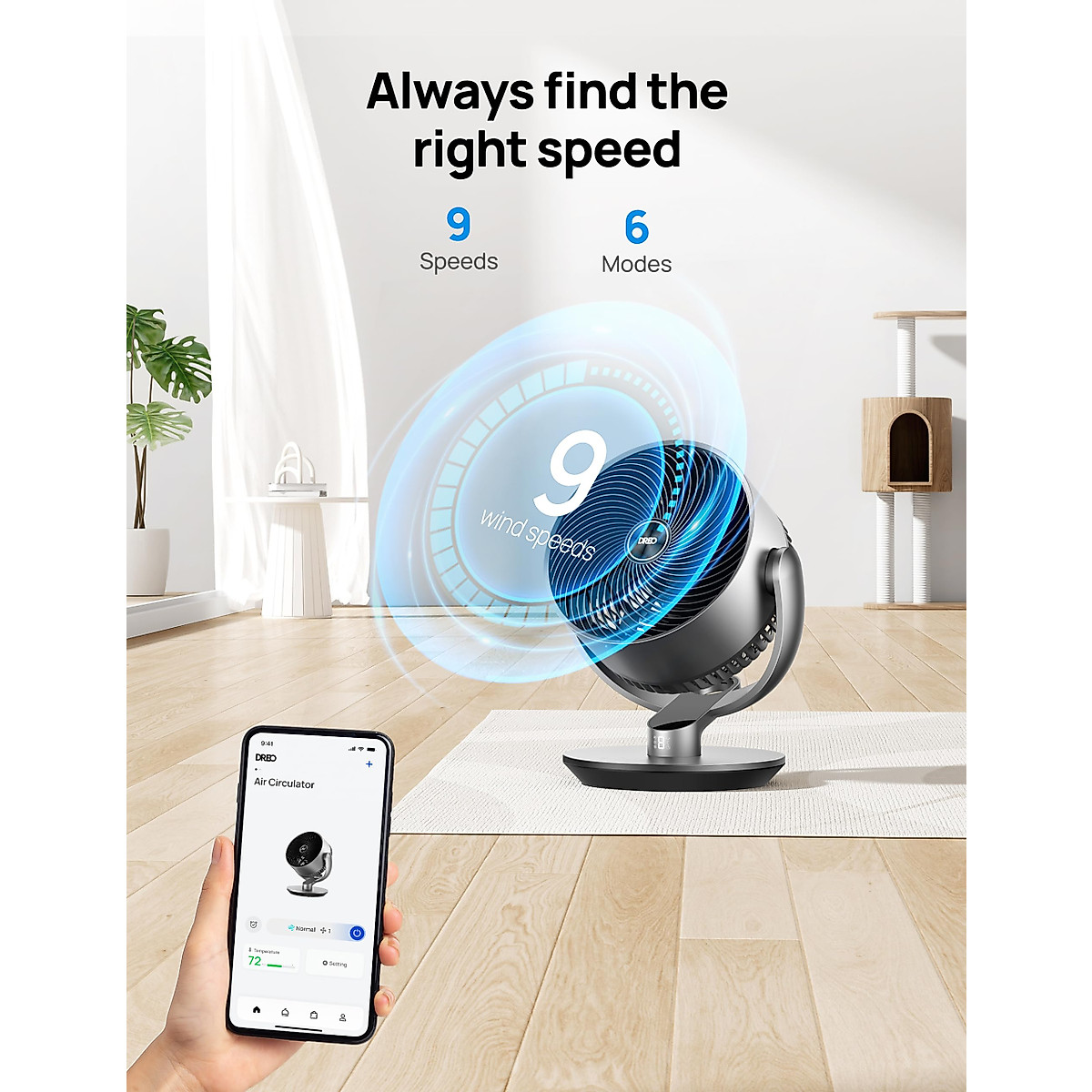 Dreo Smart Fans for Bedroom, 16 Inch, 25dB Quiet DC Room Fan with Remote, 120°+90° Oscillating Fan, 6 Modes, 9 Speeds, 12H Timer,Works Alexa/Google/WiFi/Voice Control, Black and Silver