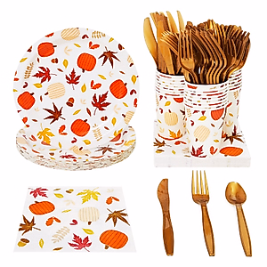 Juvale Autumn Paper Plates and Napkins, Cups, Cutlery for Thanksgiving, Fall Party Supplies (Serves 24, 144 Pieces)