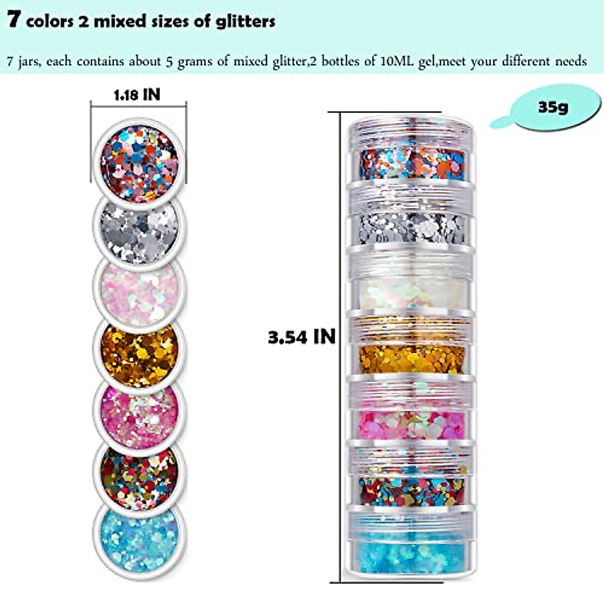 Chunky Holographic Body Glitter,JASSINS 7 Layer Style Holographic Face Body Glitter Set for Art Nail Art Glitters DIY,Face Makeup Glitter, Hair, Eye & Fine Glitter Eyeshadow (Color-2)