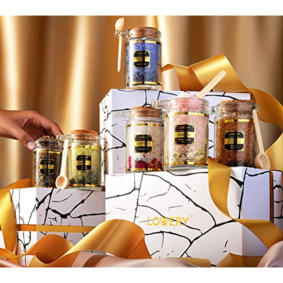 Bath Salts Gift Set with Lavender, Arabica Coffee, Mango, Sugar, Himalayan & Coconut, 6pc Bath Soaks, Relaxing Spa Salt with Essential Oils, Vitamin E, Jojoba Oil, Shea Butter, Fresh Herbs