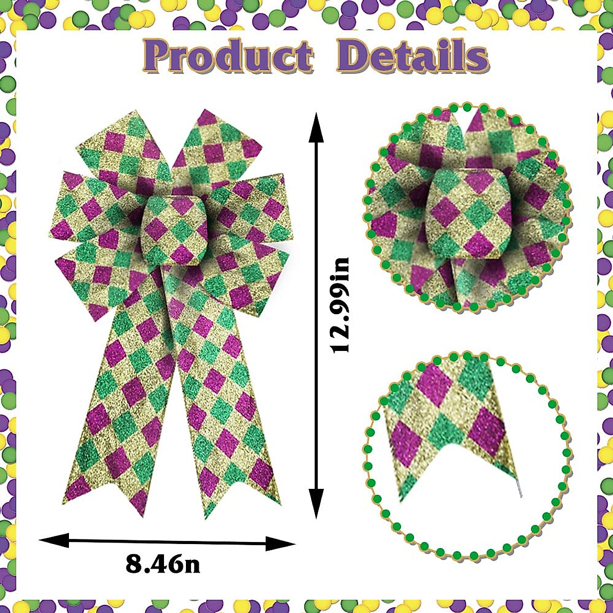 Estivaux 2 Pieces Mardi Gras Bows for Wreath, Mardi Gras Wreath Bows Glitter Green Purple Gold Stripe Bows Fat Tuesday Bows Bows for Front Door Mardi Gras Masquerade Party Decorations