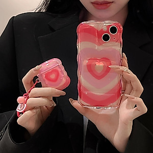 Srddty Compatible with AirPods Case Cute, Wave Design Shockproof Protective Airpod Case Cover for Girls Women with Keychain Designed for AirPods 1st & 2nd Generation, Pink Heart