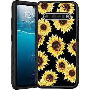 LG V60 Case, LG V60 Thinq Case, BEROSET Cute Yellow Sunflowers Black Customized Design Printed Hybrid Hard Shock Soft TPU Bumper Protective Phone Case for LG V60 Thinq 5g (2020 Release)
