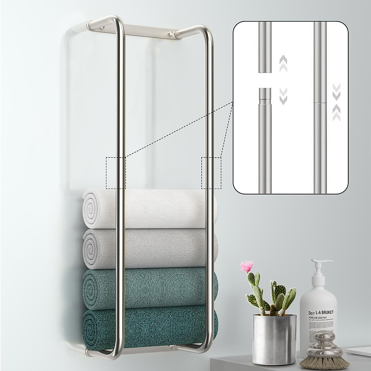 Rxvotocr Stainless Steel Wall-Mounted Bathroom Towel Rack and Organizer for Rolled Towels, Ideal for Modern Small Bathrooms with Limited Space, Sleek and Chic Sliver Design.