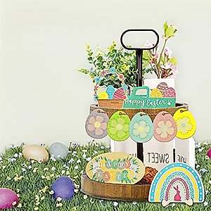 10 Pcs Easter Farmhouse Tiered Tray Decor Wooden Rabbits Tiered Tray Items Bunny Eggs Truck Basket Mini Wooden Trays Signs Spring Tabletop Signs for Home Farmhouse Rustic Kitchen Decorations