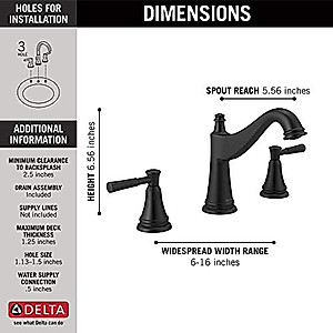 Delta Faucet Mylan Widespread Bathroom Faucet 3 Hole, Matte Black Bathroom Faucet, Bathroom Sink Faucet, Drain Assembly, Matte Black 35777LF-BL