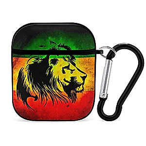 YouTary Jamaican Lion Flag Pattern Airpods 1 & 2 Case Cover, Apple AirPod Headphone Cover Unisex Personalized Shockproof Protective Wireless Charging Accessories with Keychain