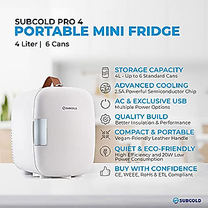 Subcold Pro4 Luxury Mini Fridge Cooler 4 Litre / 6 Cans AC & Exclusive USB ECO Power Option | Portable Small Refrigerator For The Office, Bedroom, Car, Travel, Skincare & Cosmetic (White)