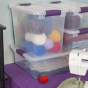 Sterilite 27 Qt ClearView Latch Storage Box Stackable Bin with Latching Lid, Plastic Container to Organize Clothes in Closet, Clear Base, Lid, 12-Pack