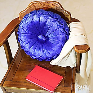 ANQILEE Royal Blue Velvet Round Pillow Pumpkin Round Cushion Throw Pillow 3D Craftsmanship HandmadePleated for Couch Decorative Floor mats Car Pillows