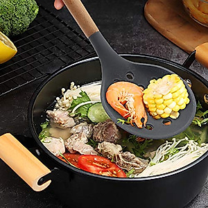 KUFUNG Silicone Skimmer Spoon, BPA-free & Heat resistant up to 480°F, Wooden Handle Silicone Non-Stick Kitchen Slotted Strainer Spoon for Pasta Spaghetti Noodles and Frying (Grey)