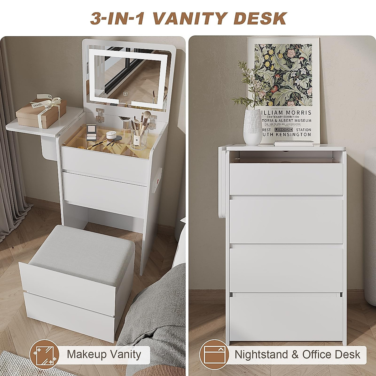 HIMAmonkey Small Makeup Vanity with Mirror and Lights, 3-in-1 Vanity Desk with 3 Drawers, Corner Vanity Set with Soft Stool, Compact Dressing Table for Living Room/Bedroom-19.7in/White