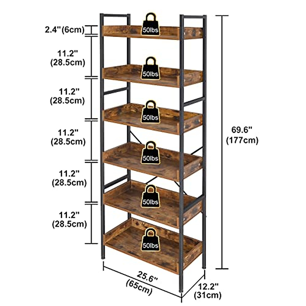 RokiaTek Bookshelf Bookcase 6-Tier Storage Rack with Open Shelves, Vintage Standing Bookshelves Metal Frame Industrial Display Rack for Living Room Bedroom, Rustic Brown and Matte Black